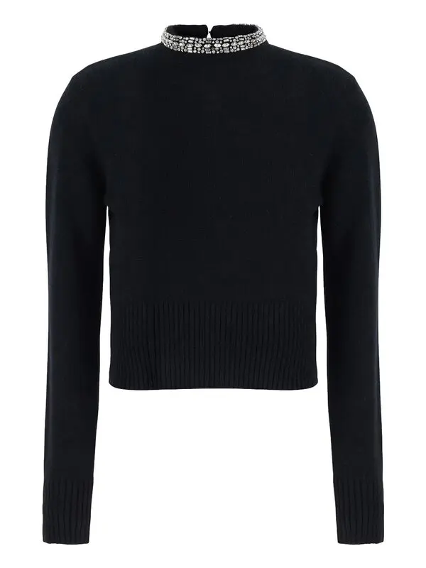 Pinko Berlino Cropped Fitted Wool Sweater With Rhinestone Neck Detail - Black