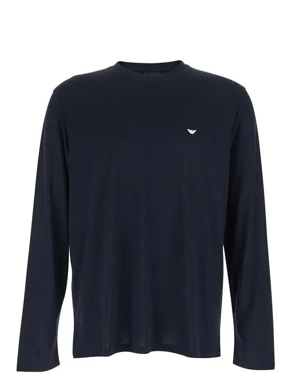 Emporio Armani S Cotton-blend Crewneck T-shirt With Front Logo Embroidery - Blu