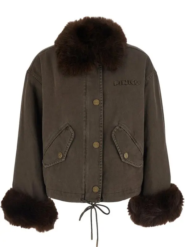 Pinko Eco-fur Trim Cotton Jacket With Logo Lettering And Drawstring Hem - Brown