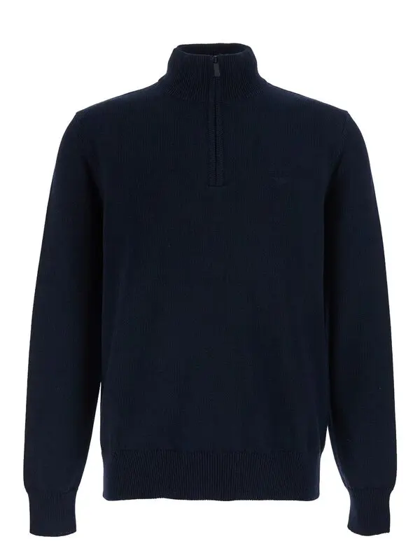 Emporio Armani S Half-zip Cotton Sweater With Embroidered Logo - Blu