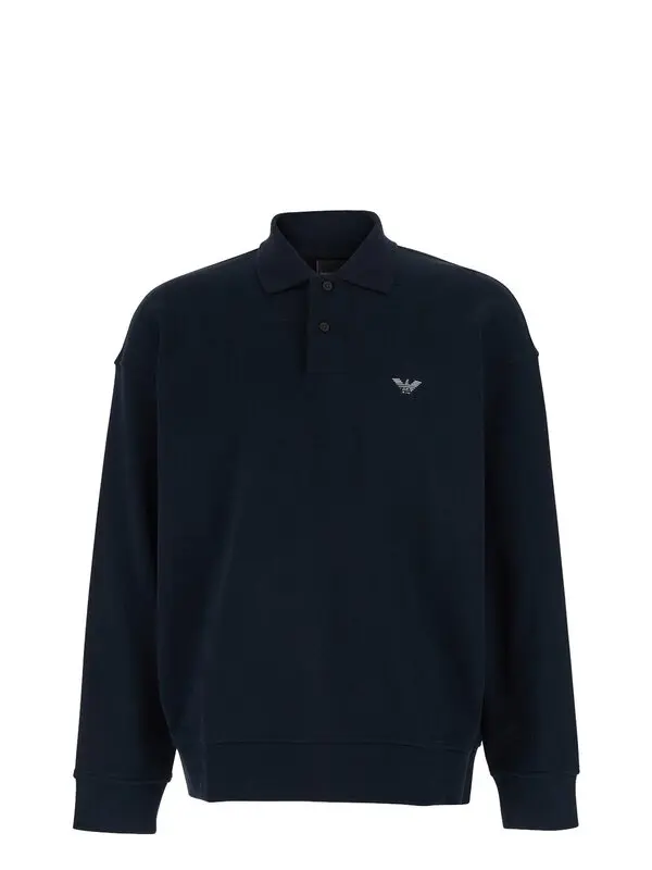 Emporio Armani S Cotton Polo-collar Sweatshirt With Logo Embroidery - Blu