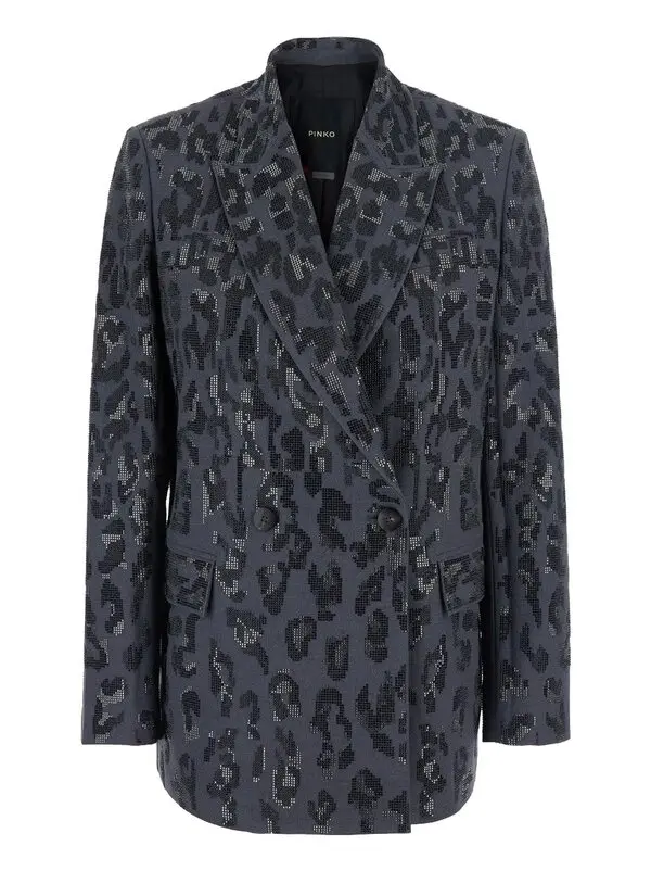 Pinko Double-breasted Jacket With Jaguar Rhinestone Embellishment And Peak Revers In Stretch Tech Fabric For - Grey