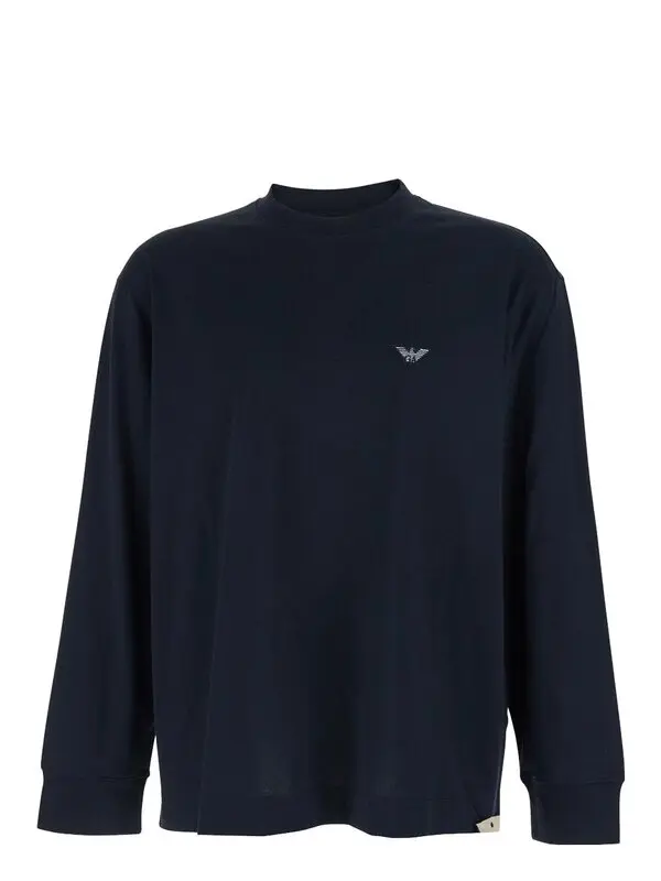 Emporio Armani S Cotton Long-sleeve Crewneck T-shirt With Front Logo Embroidery - Blu
