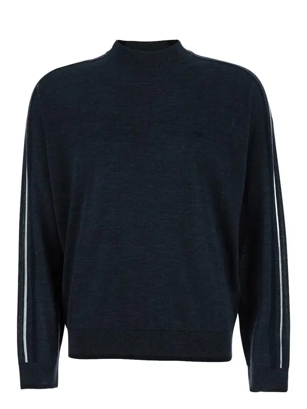 Emporio Armani Virgin Wool Crewneck Sweater With Sleeve Stripe Detail And Logo Embroidery - Grey