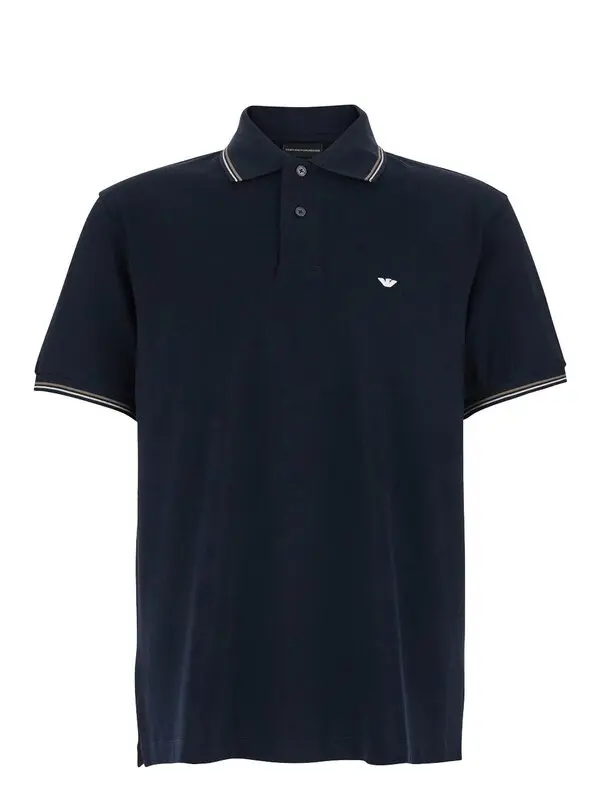 Emporio Armani Two-tone Collar Logo Embroidered Cotton Polo Shirt For - Blu