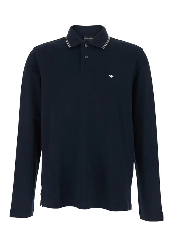 Emporio Armani Long Sleeve Cotton Polo Shirt With Front Logo For - Blu