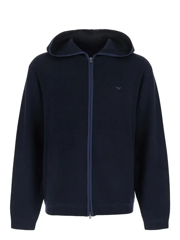 Emporio Armani S Wool Zip-up Sweater With Fixed Hood And Front Logo Patch - Black