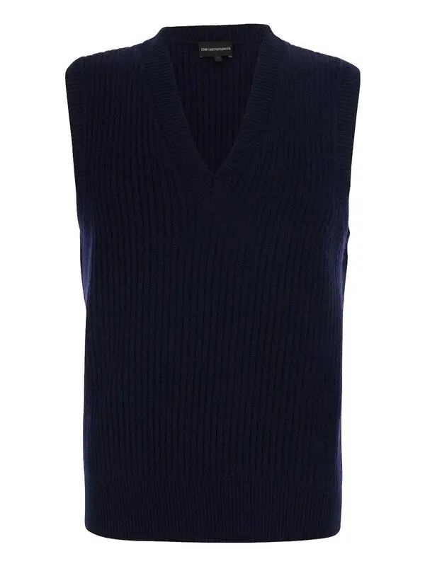 Emporio Armani S V-neck Wool & Cashmere Vest With Tone-on-tone Logo Embroidery - Blu