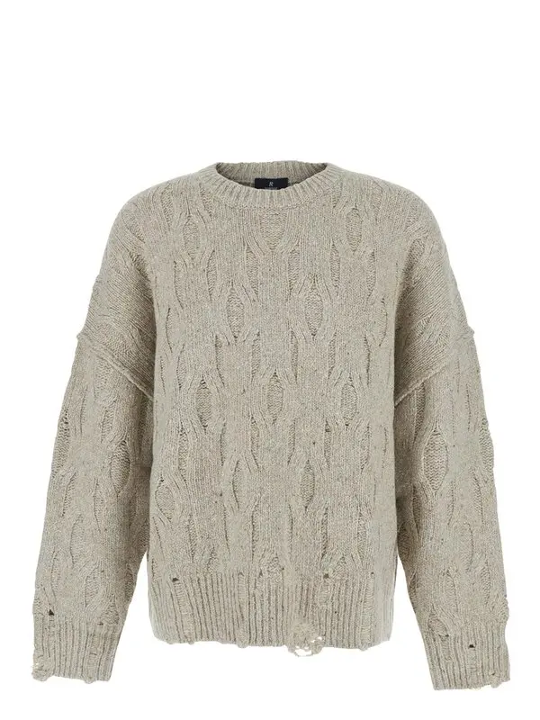 REPRESENT Crewneck Sweater With Distressed Effect And Back Logo Patch In Tech Fabric - Beige