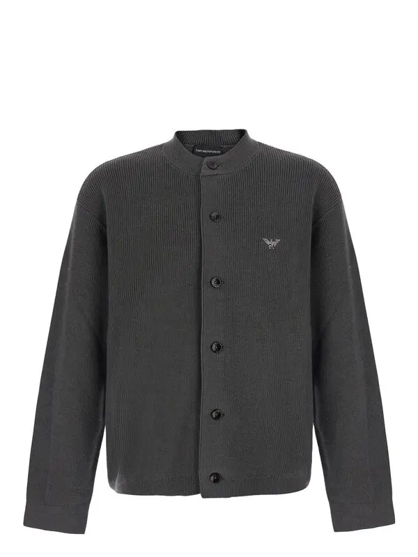 Emporio Armani Polo-collar Knit Shirt With Button Placket, Long Sleeves - Grey