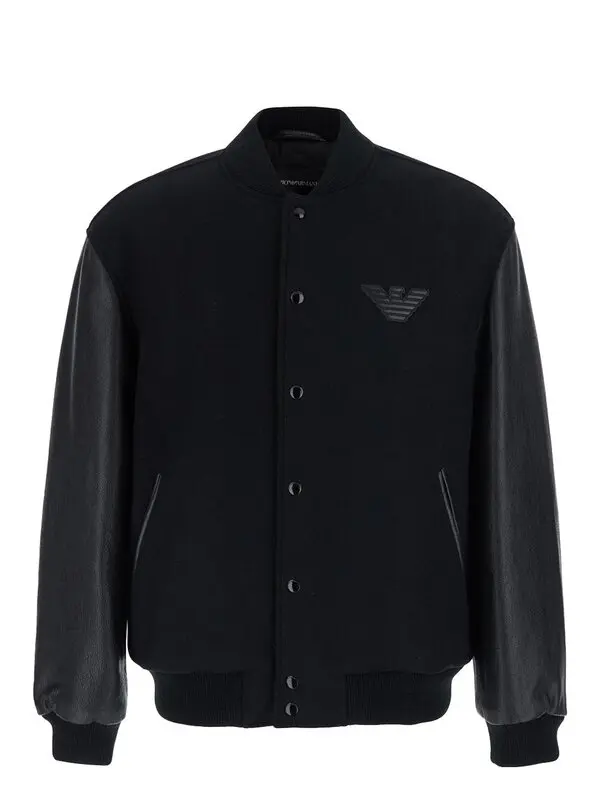 Emporio Armani S Leather & Wool Varsity Jacket With Chest Logo Patch - Black