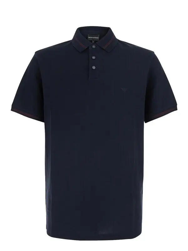 Emporio Armani S Cotton Piquet Polo Shirt With Classic Collar, Button-front & Embroidered Chest Logo - Blu