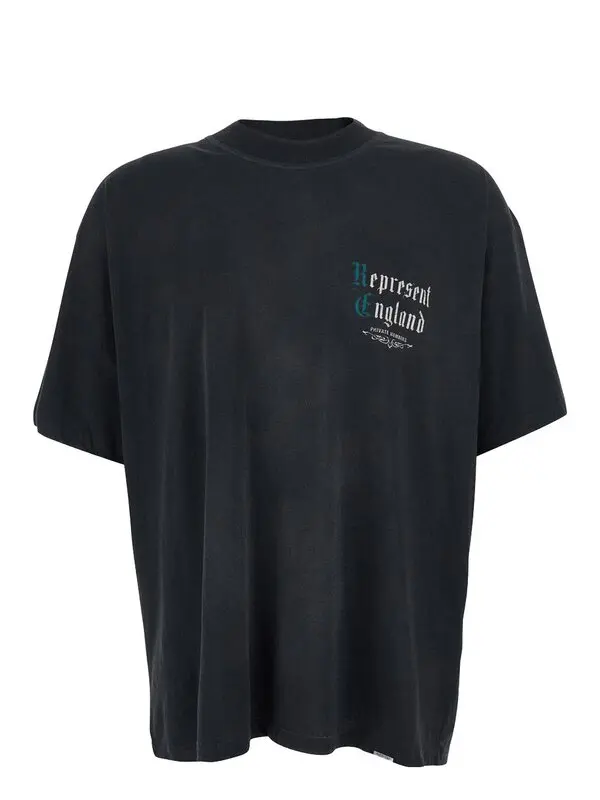 REPRESENT Cotton Crewneck T-shirt With Front Logo Detail And Maxi Back Print - Black