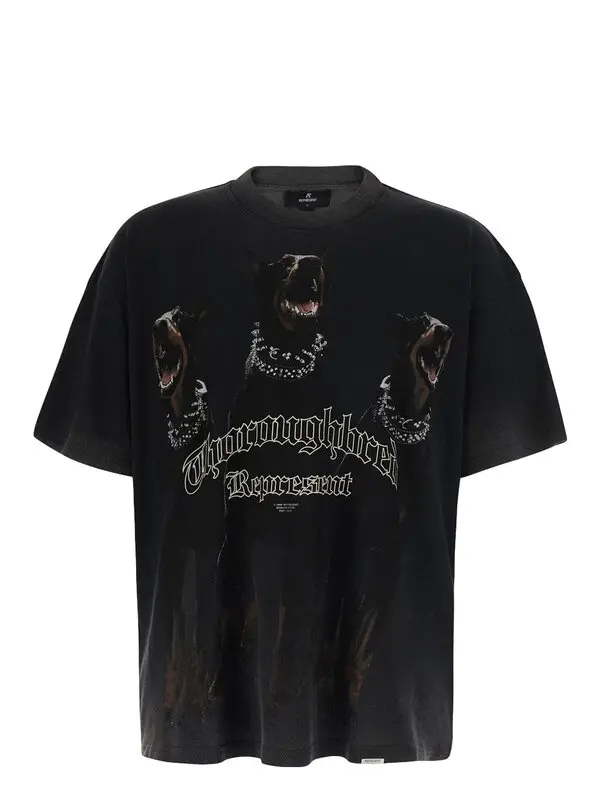 REPRESENT Crew Neck T-shirt With Maxi Logo Print And Faded Cotton Design - Black