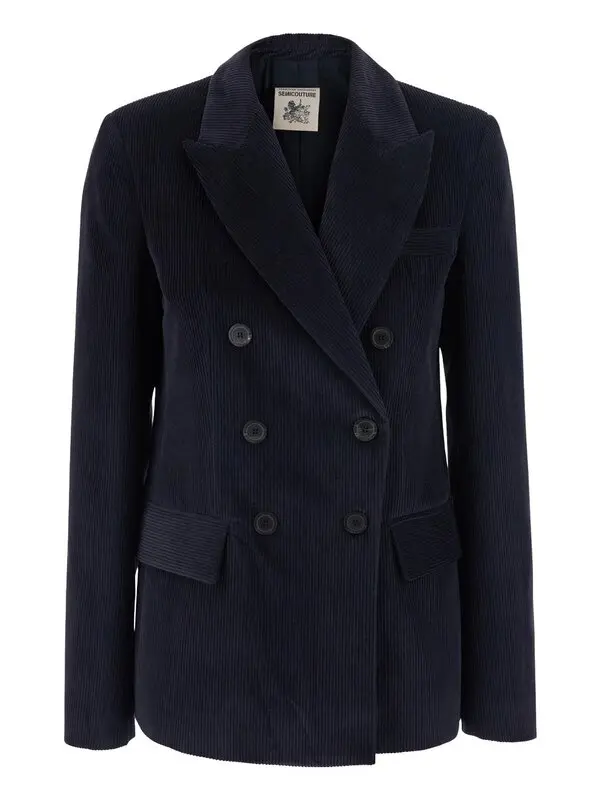 SEMICOUTURE Corduroy Double-breasted Blazer Jacket With Peak Revers And Flap Pockets - Blu