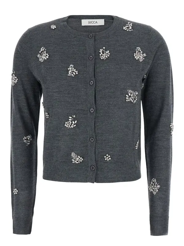 JUCCA Wool Cardigan With Floral Bead Appliqué And Button Front - Grey