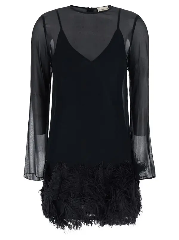 SEMICOUTURE Feather-trim Edge-detail Long Sleeve Dress - Black