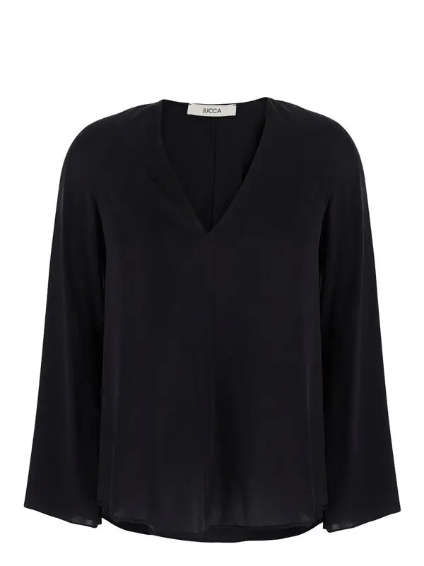 JUCCA Silk V-neck Top With Long Sleeves And Slit Cuffs - Black