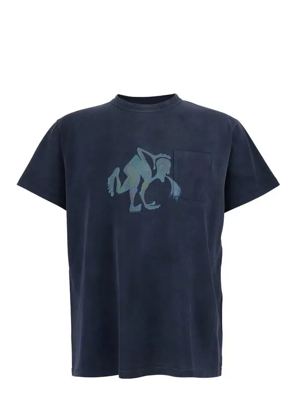 ERL Cotton T-shirt With Front Print, Stand-up Collar & Front Pocket - Blu
