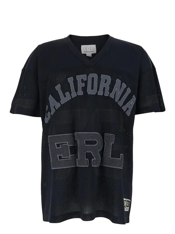 ERL V-neck Cotton T-shirt With Maxi Logo Print And Logo Patch - Black