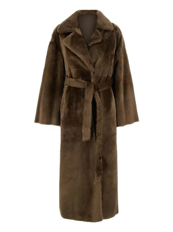 ARMA Reversible Leather & Fur Jacket With Notched Collar, Waist Tie And Side Pockets - Brown
