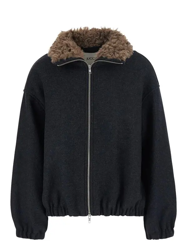 JUCCA Wool Blend Bomber Jacket With Fur Collar And Dropped Shoulders - Grey