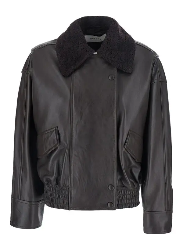 IVY OAK Eco-fur Wide-collar Leather Jacket With Dropped Shoulders - Brown