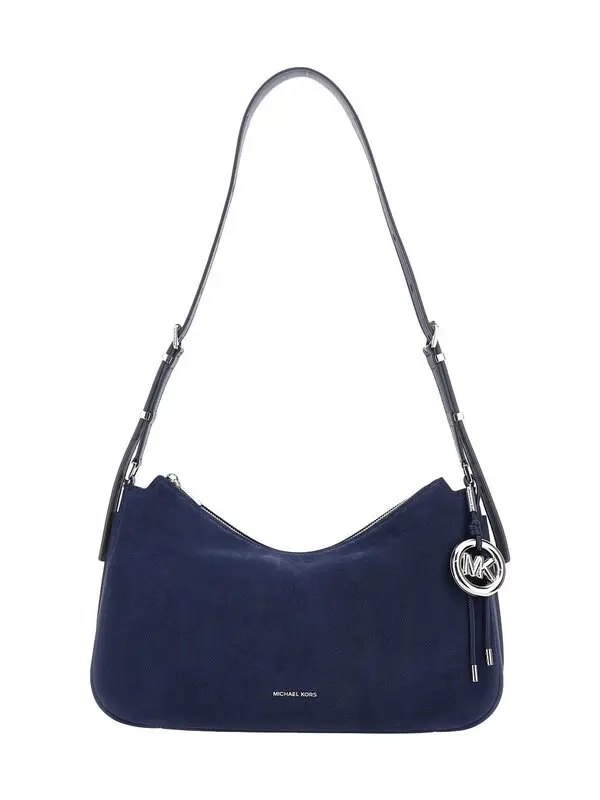 Michael Kors Nolita Medium Suede Shoulder Handbag With Logo Charm And Adjustable Strap - Blu