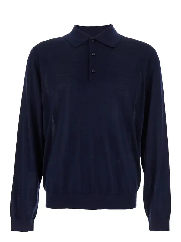 SUNFLOWER Classic Collar Wool Long-sleeve Polo Shirt With Ribbed Trims - Blu
