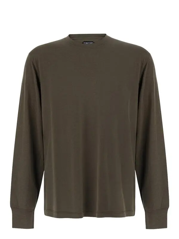TOM FORD Long-sleeve Crewneck Logo T-shirt In Lyocell-cotton Blend - Brown