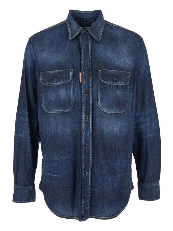 Dsquared2 Denim Shirt With Pointed Collar, Elbow Patches & Flap Pockets - Blu