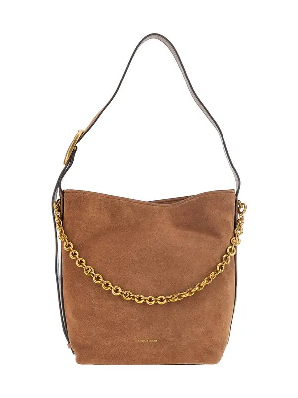 Michael Kors Suede Shoulder Handbag With Front Chain Detail And Logo Lettering, 32x36x16 Cm - Brown