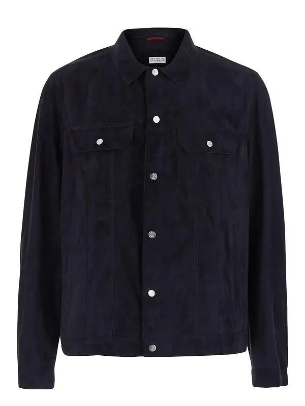 Brunello Cucinelli Suede Jacket With Classic Collar And Front Pockets - Blu