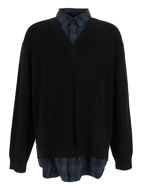 JUUN.J Layered Cotton-wool Sweater With Classic Collar And V-neck - Black