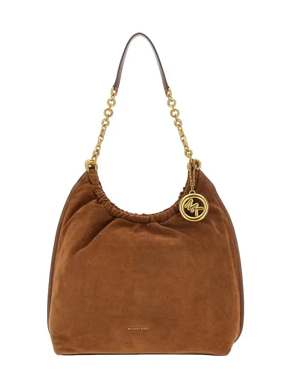Michael Kors Indie Large Suede Shoulder Handbag With Chain Strap And Logo Plaque - Brown