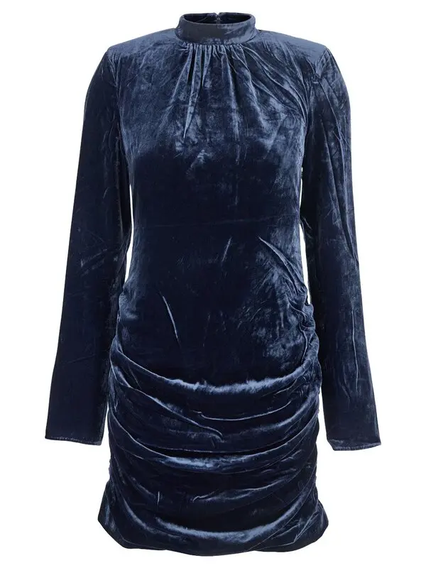 ROTATE BY BIRGER CHRISTENSEN Velvet Mini Dress With High Neck, Long Sleeves & Rear Zip Closure - Blu