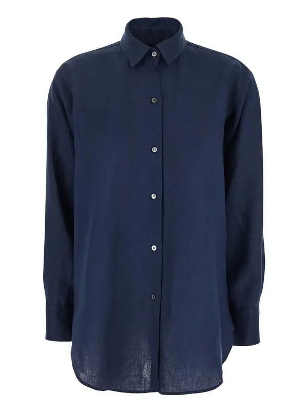 LEPLAIN Linen Button-up Shirt With Classic Collar And Relaxed Long Sleeves - Blu