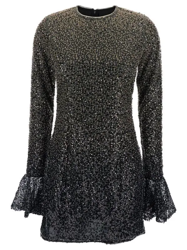 ROTATE BY BIRGER CHRISTENSEN Beaded Crewneck Midi Dress With Flared Hems And Back Zip - Metallic