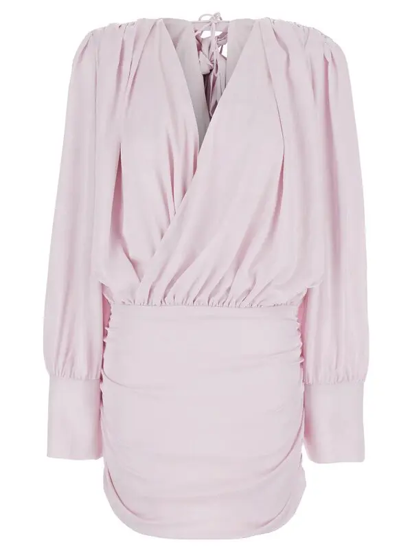 ROTATE BY BIRGER CHRISTENSEN Deep V-neck Draped Mini Dress In Silk With Ruffled Skirt - Pink