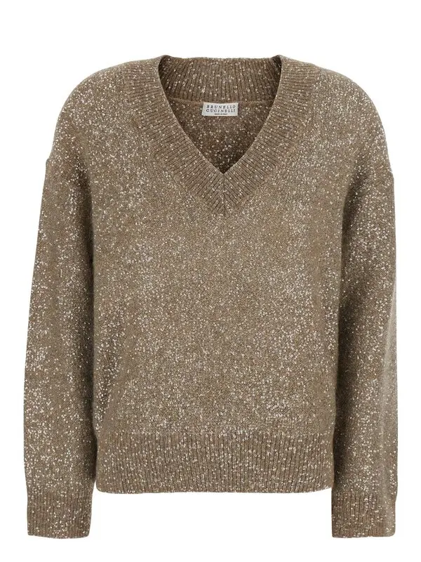 Brunello Cucinelli V-neck Knit Wool-blend Sweater With Ribbed Finishes - Beige