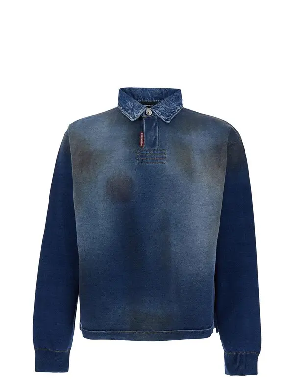 Dsquared2 Cotton Sweatshirt With Polo-style Collar, Faded Effect & Button Placket - Blu