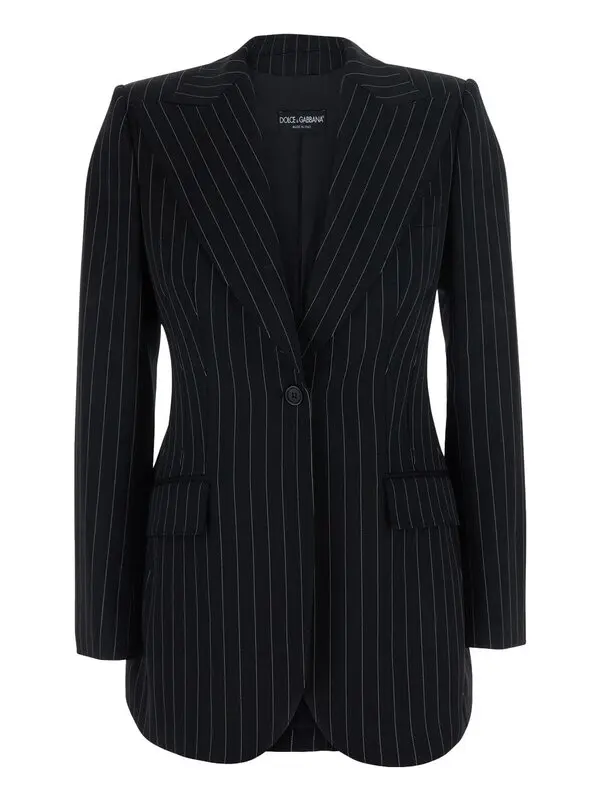 DOLCE E GABBANA Wool Blazer With All-over Stripe Motif And Notched Lapel - Black
