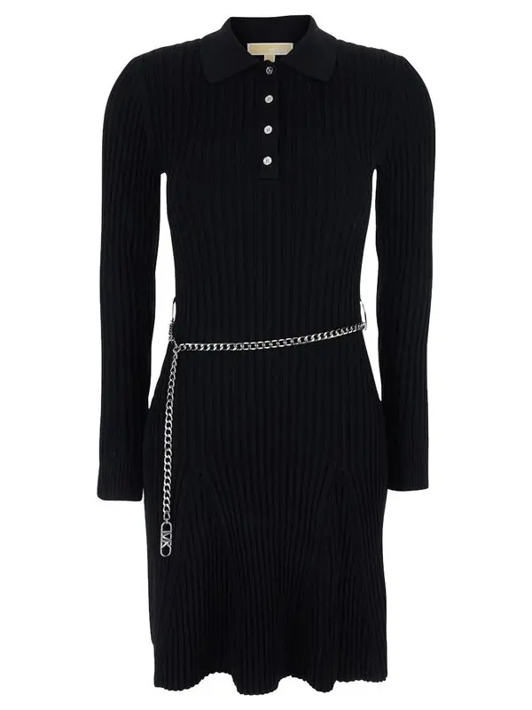 Michael Kors Knit Polo Collar Flared Mini Dress With Chain Detail - Black