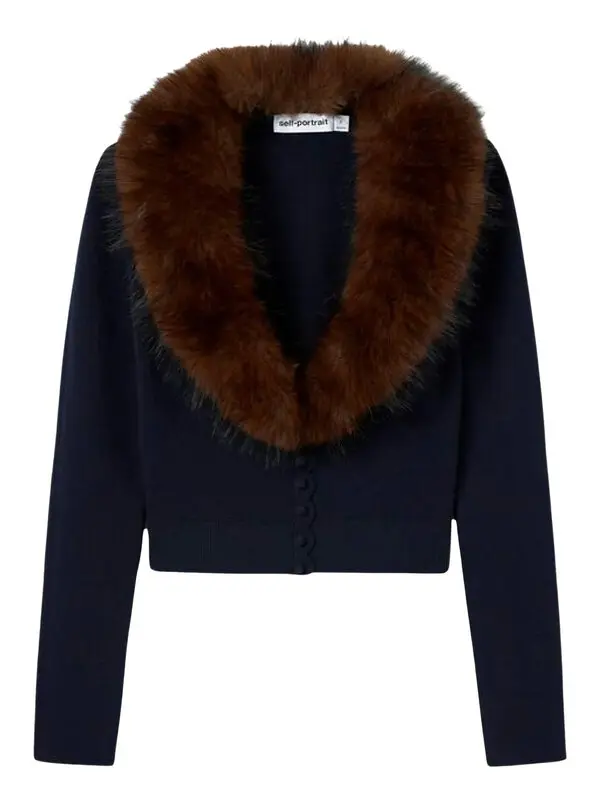 SELF-PORTRAIT Fur Collar Knit Cardigan - Navy