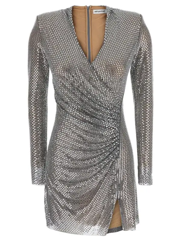SELF-PORTRAIT V-neck Draped Tech Fabric Dress With Jewel Detailing - Grey