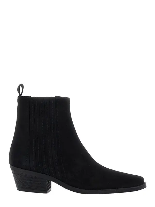 POLLINI Suede Ankle Boots With Pointed Toe And Low Block Heel - Black