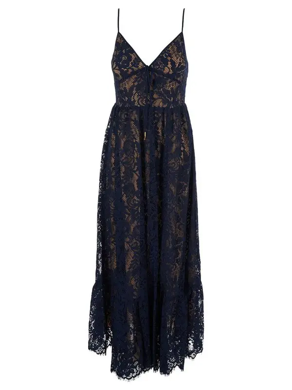 Michael Kors Long V-neck Lace Dress With Thin Straps In Cotton-blend - Blu