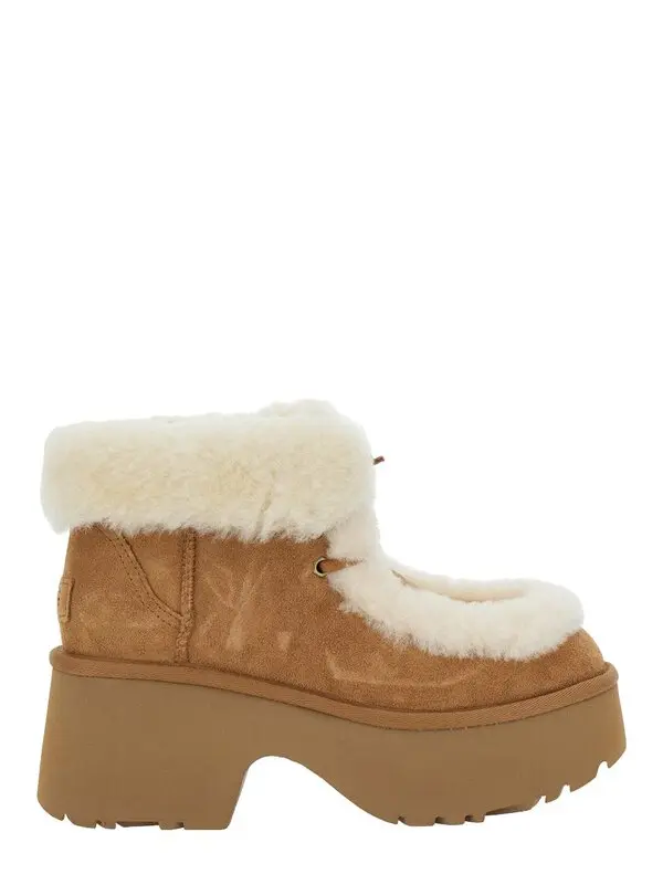 UGG Esmee Suede Platform Ankle Boots With Fur Trim, Wide Heel, Slip-on & Lace-up - Beige