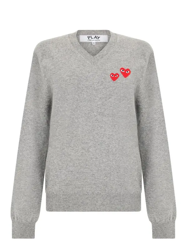 Play Comme Des Garcon Light Gray V-neck Sweater With Red Heart Logo - Grey
