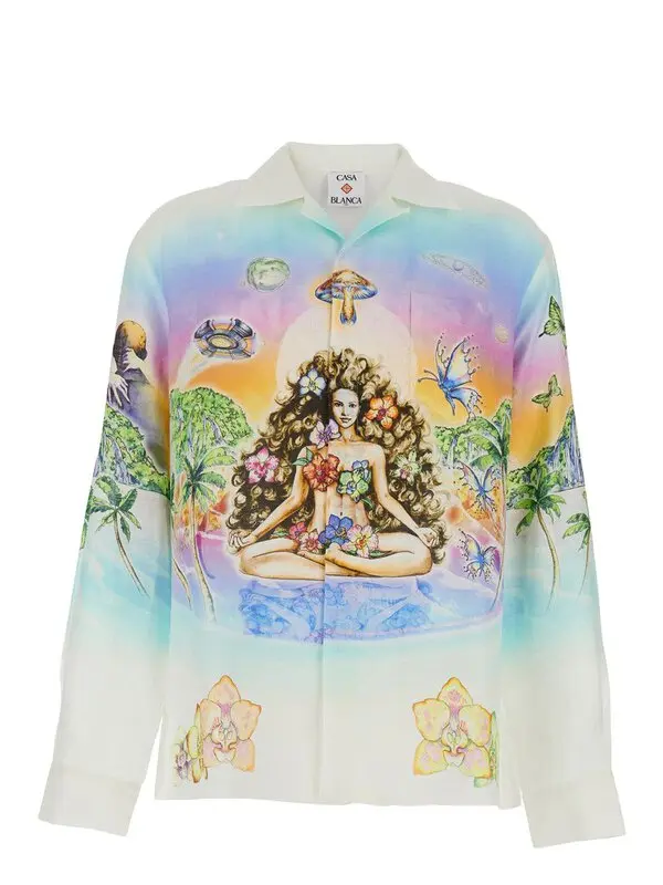 Casablanca Innocence Linen Shirt With Cuban Collar And All-over Print - Multicolor